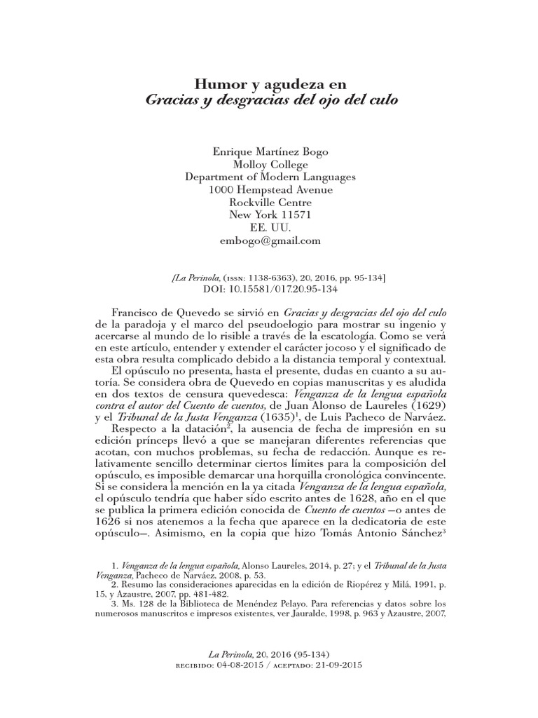 Humor y Agudeza en Gracias y Desgracias Del Ojo Del Culo de Quevedo ...