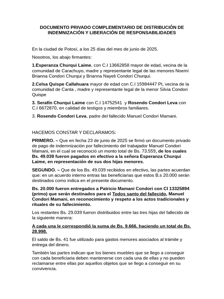 Documento Privado Complementario de Distribución de Indemnización y Liberación de ...
