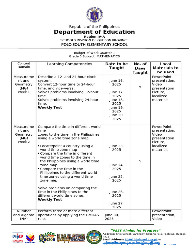 Bow Grade 5 Math 1st Quarter | PDF | Area | Mathematics