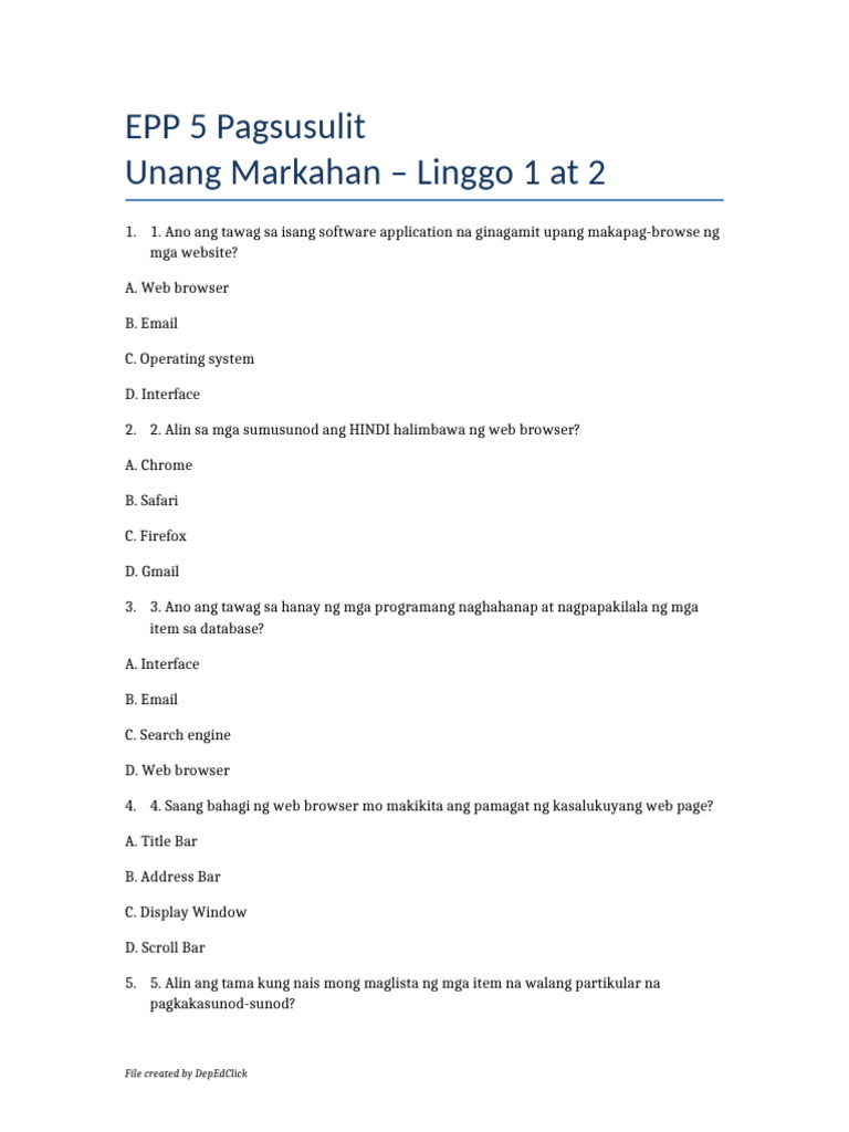 EPP5 Quiz Q1 W1 W2 | PDF