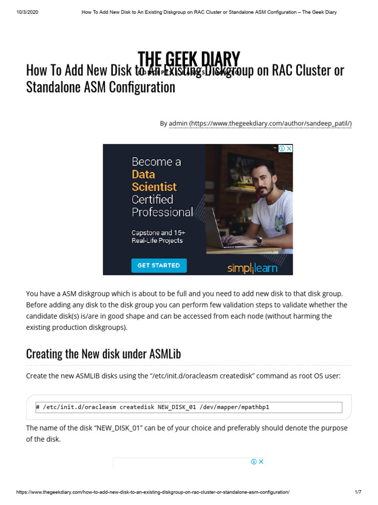 How To Add New Disk To An Existing Diskgroup On RAC Cluster or Standalone ASM Configuration ...