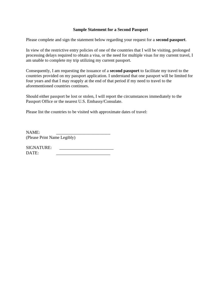 Sample Statement For A Second Passport - 2021 | PDF