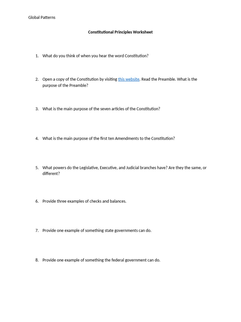 Constitutional Principles Worksheet | PDF