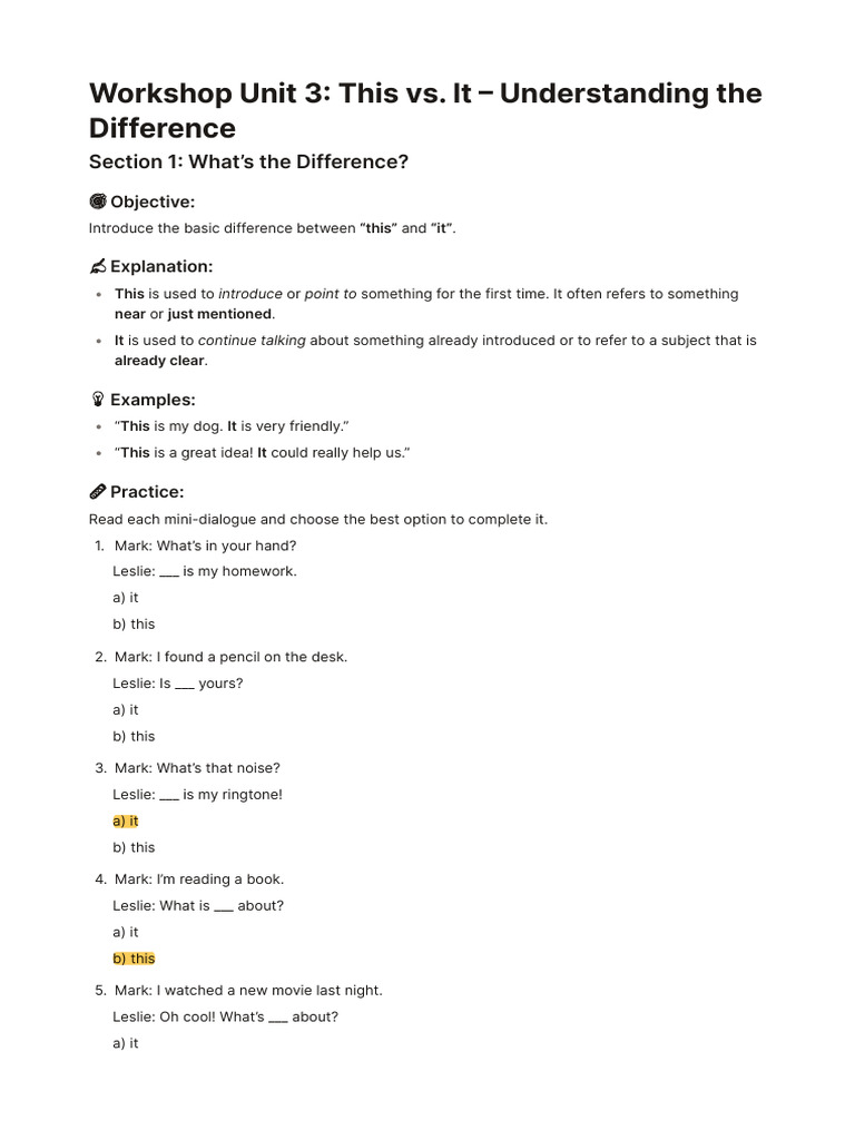 Workshop Unit 3 This Vs It - Understanding The Difference | PDF