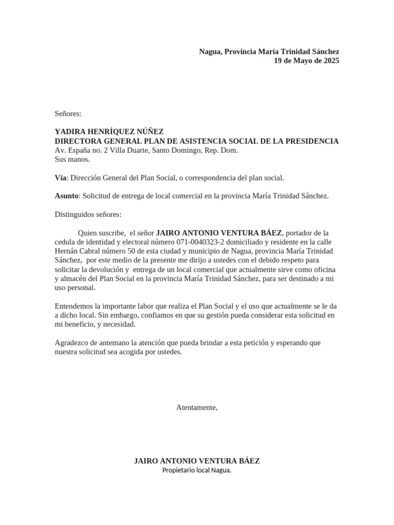 Carta de Solicitud Local Comercial Nagua, Plan Social Dominicano | PDF