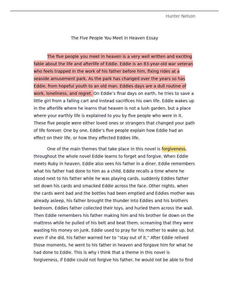 The Five People You Meet in Heaven Essay | PDF