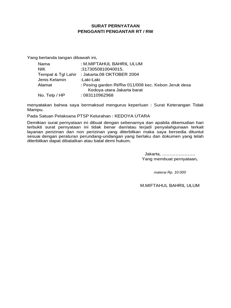 Surat Pengganti Pengantar RT RW | PDF
