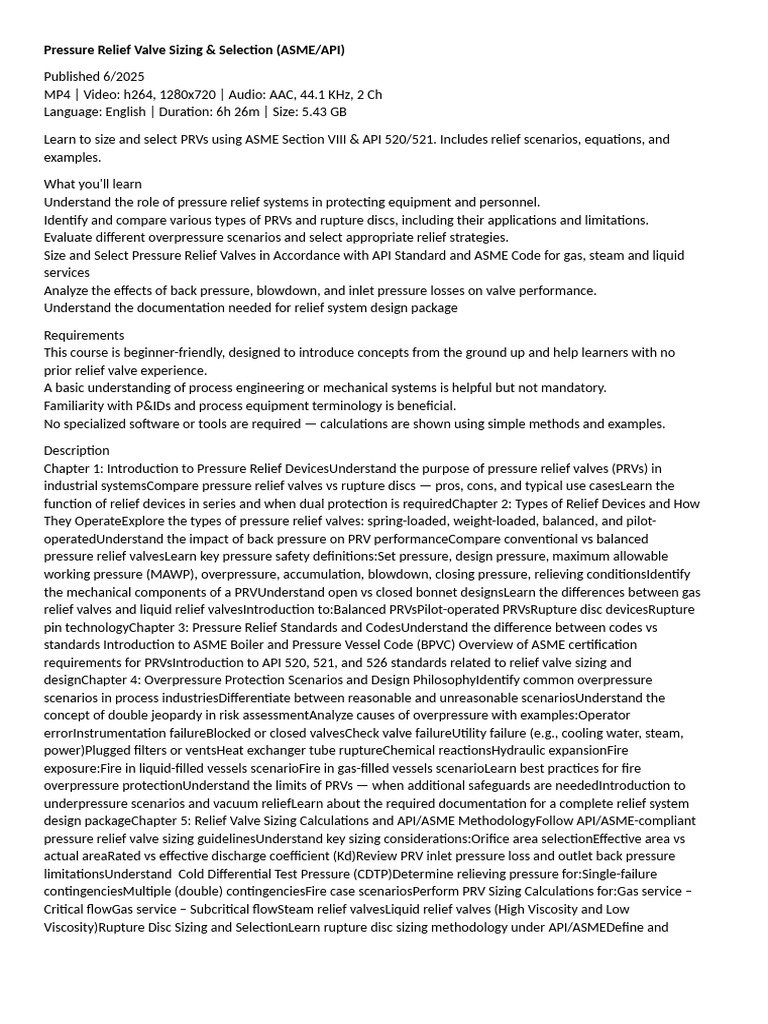 Pressure Relief Valve Sizing & Selection (ASME API) | PDF | Valve | Equipment