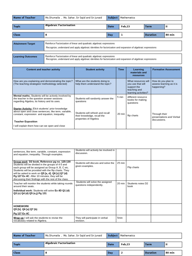 G8, Plan of Factorization & Inequalities in Algebra | PDF | Equations | Factorization