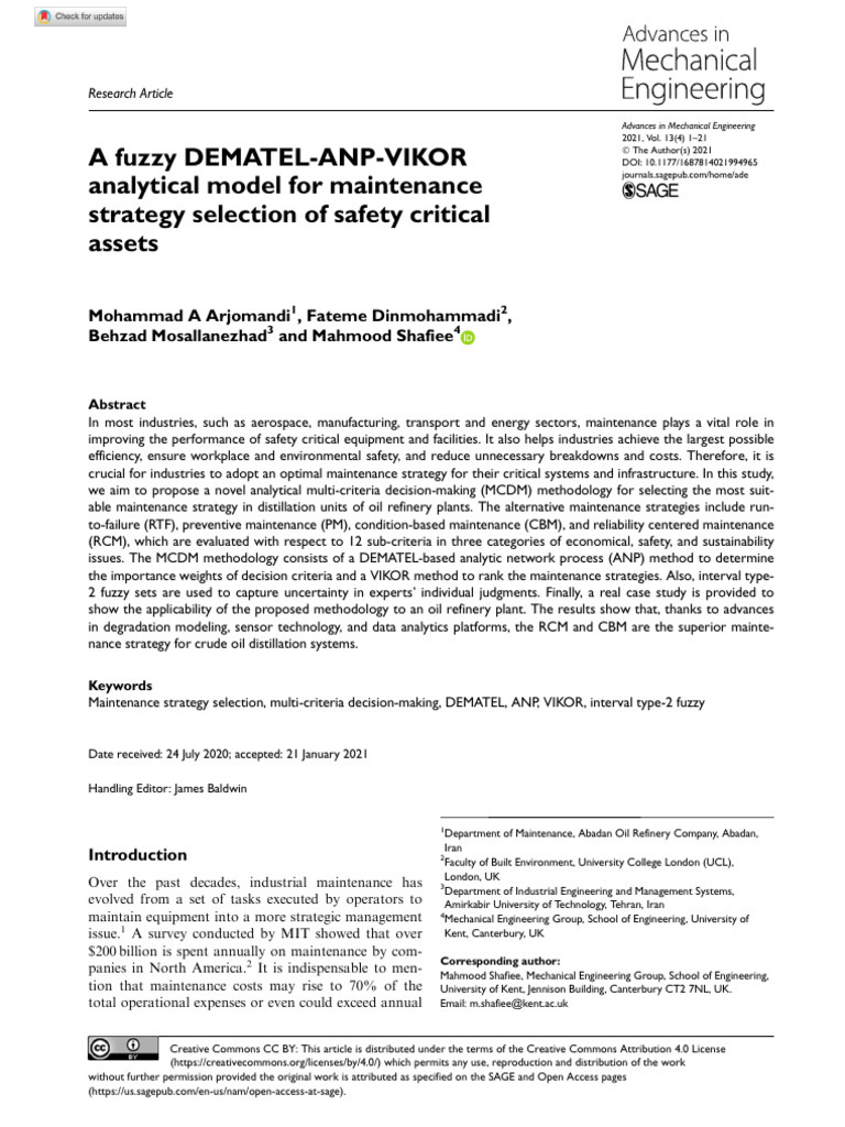 A Fuzzy DEMATEL-ANP-VIKOR Analytical Model For Maintenance Strategy Selection of Safety Critical ...