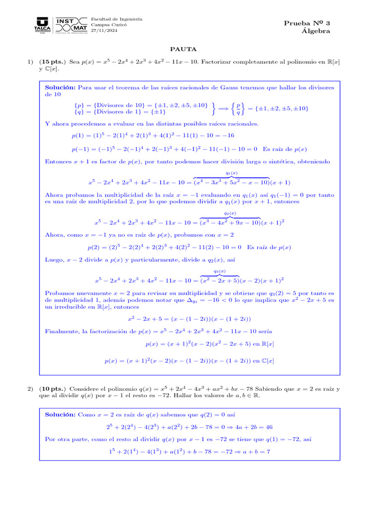 Prueba 3 Alg 2024-2 Pauta | PDF | Análisis numérico | Matemáticas discretas