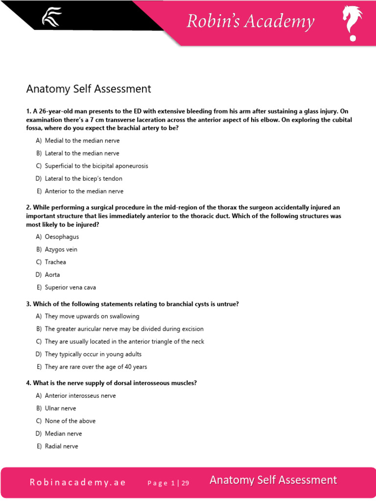 Anatomy Self Assessment Questions | PDF | Coronary Circulation | Vein