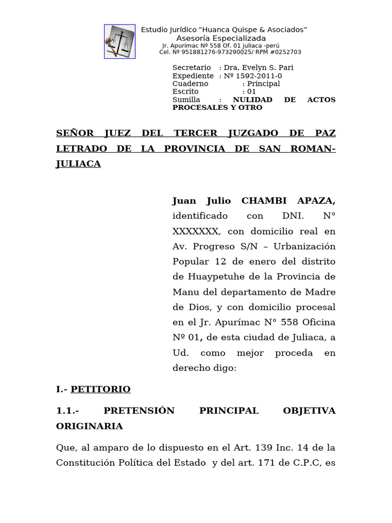 Nulidad de Actos Procesales en Juliaca | PDF | Debido al proceso ...