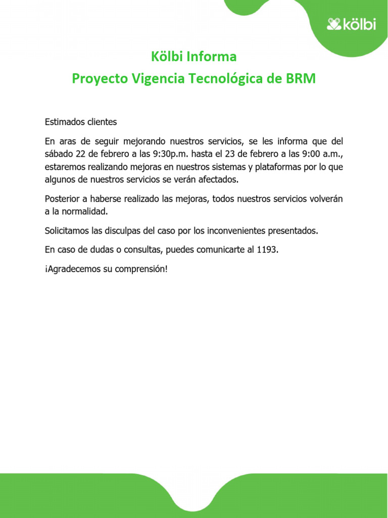 Kolbi Comuicado Proyecto Vigencia Tecnologica de BRM | PDF