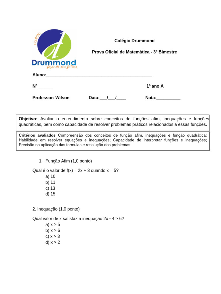 Prova de Matemática: Funções e Inequações | PDF