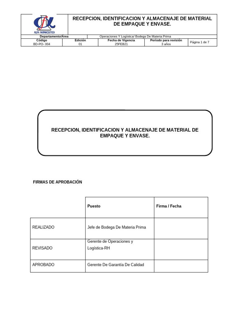 Recepcion, Identificacion Y Almacenaje de Material de Empaque Y Envase ...