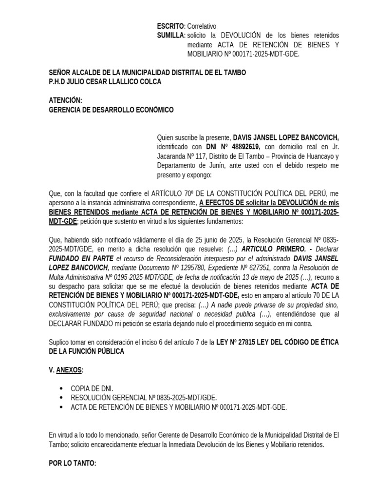 ESCRITO Bancovich Devolucion de Bienes MDT | PDF | Gobierno | Justicia