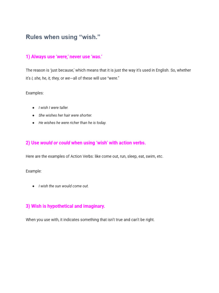 Grammar Rules for Using "Wish" | PDF