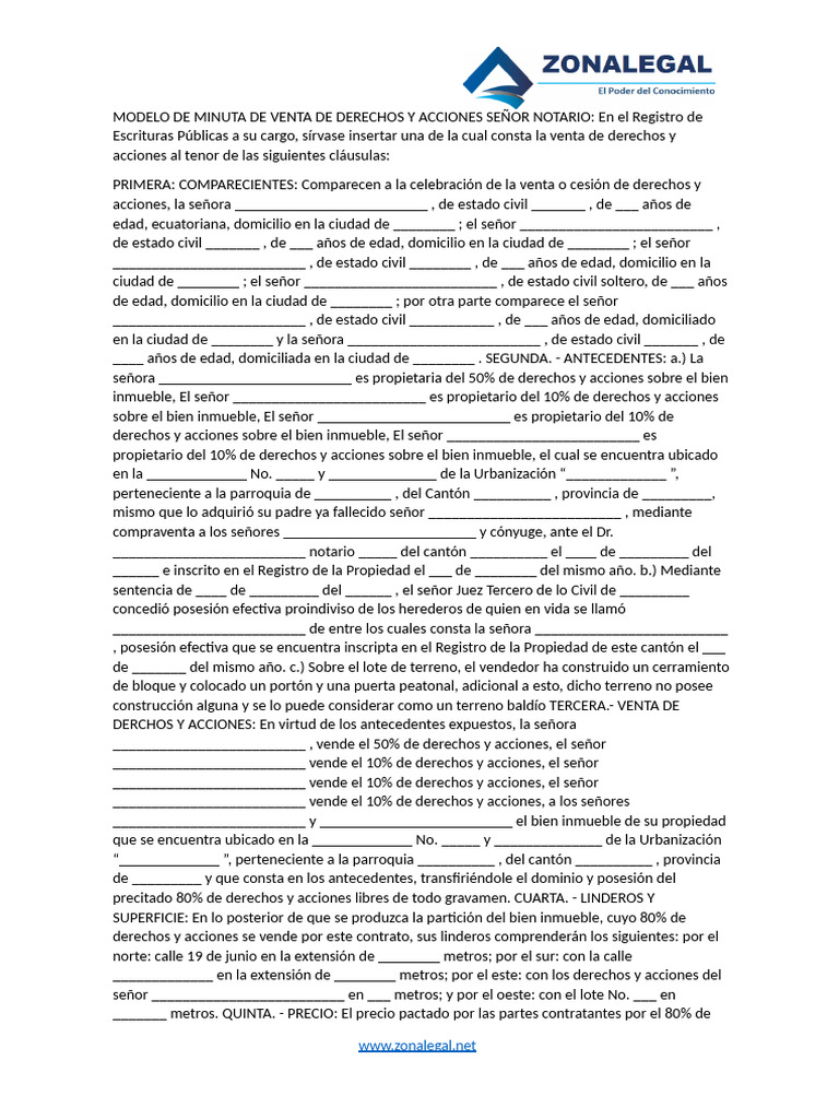 Modelo de Minuta de Venta de Derechos y Acciones Señor Notario | PDF | Propiedad | Ley de Propiedad