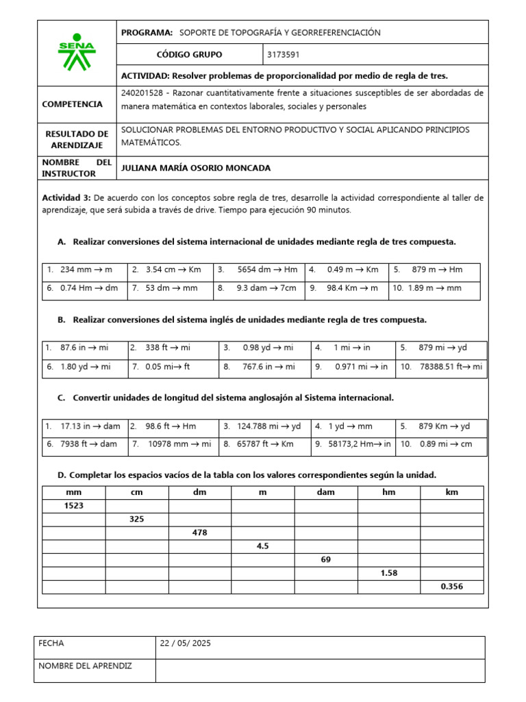 Taller Conversiones - Regla de Tres Compuesta | PDF | Matemáticas
