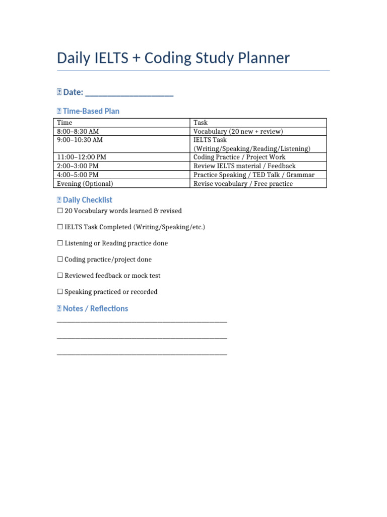 Daily IELTS and Coding Study Schedule | PDF