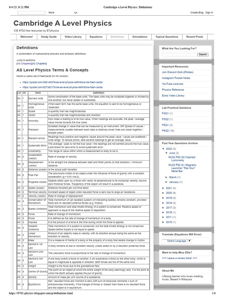 Cambridge A Level Physics - Definitions | PDF | Momentum | Force
