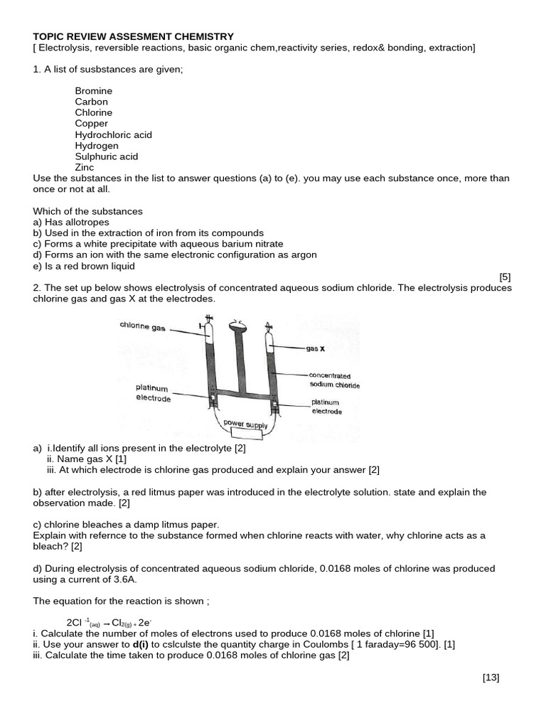 Chemistry Assessment: Electrolysis & Reactions | PDF | Chlorine ...
