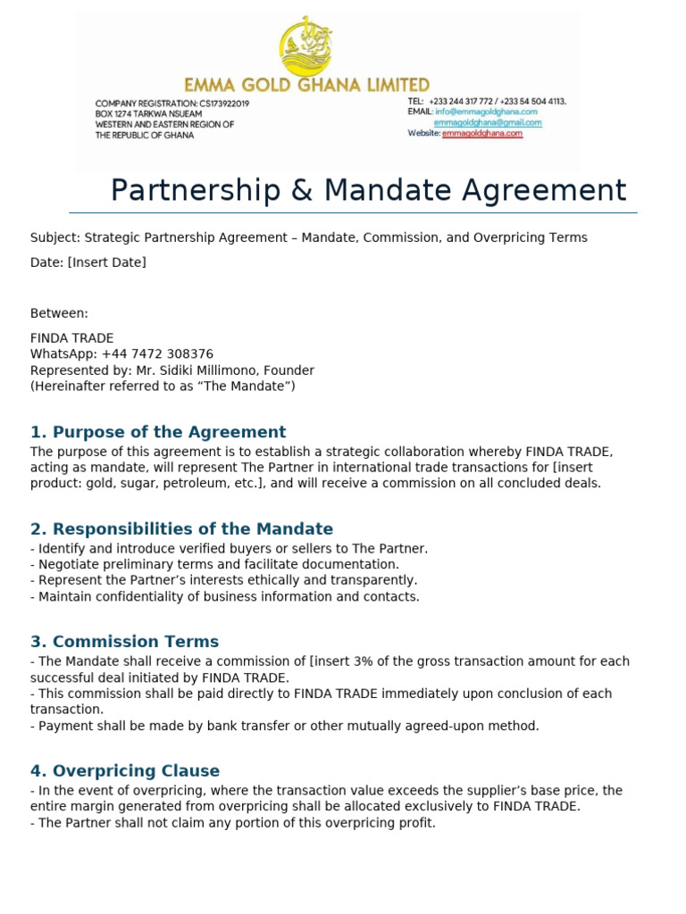 MANDATE EMMA GOLD Partnership & Mandate Agreement EMMA GOLD | PDF