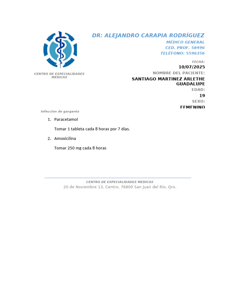 Receta médica para infección de garganta | PDF