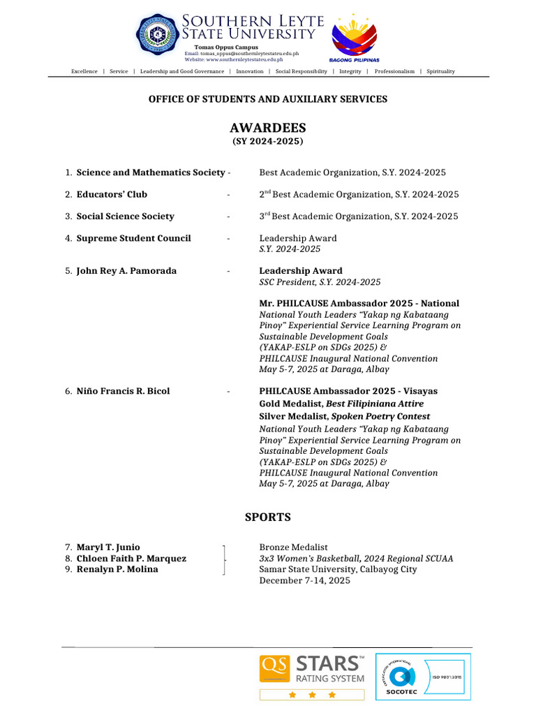 Student Awards For Recognition SY 2024 2025 | PDF