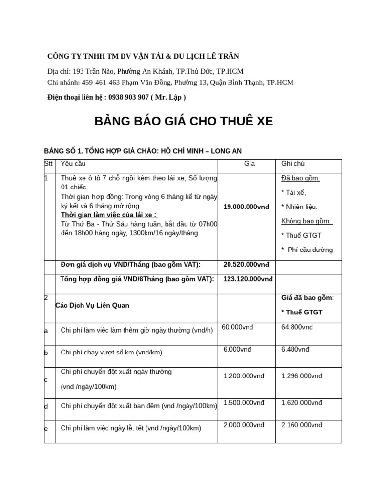 Báo Giá Xe 7c - Appendix | PDF