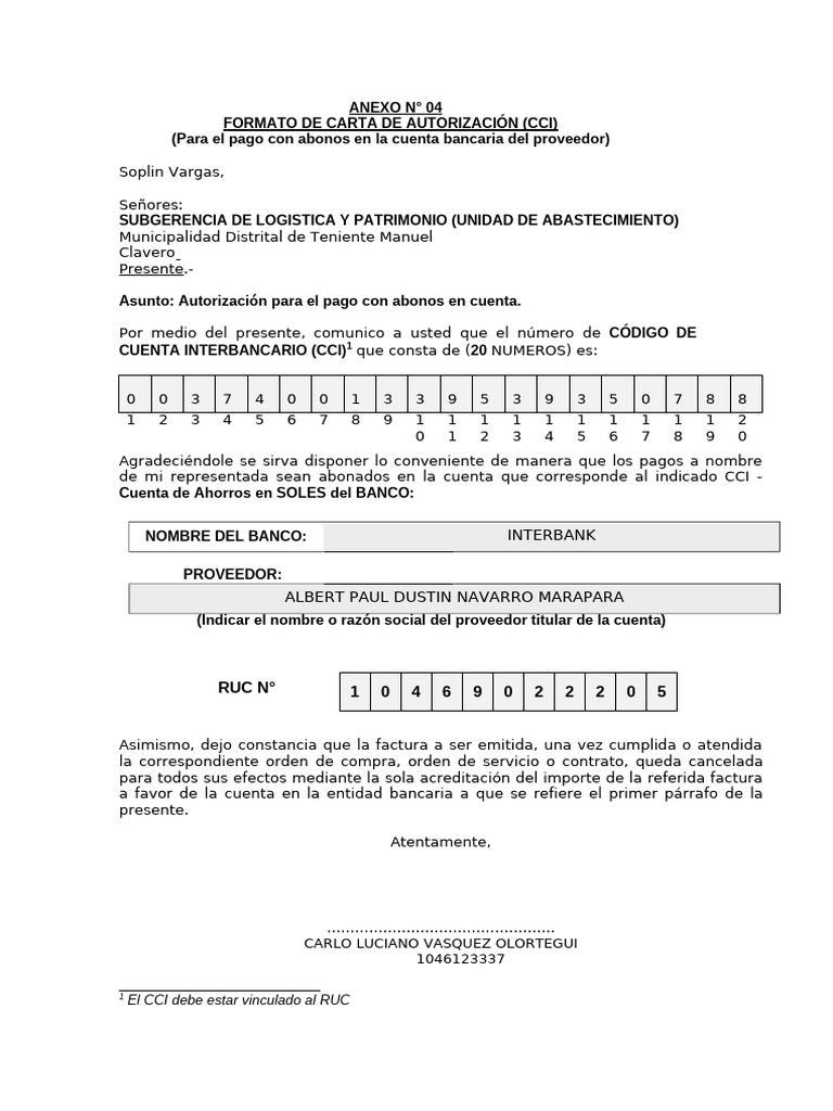 Anexo N°04 - Formato de Carta de Autorizacion (Cci) | PDF