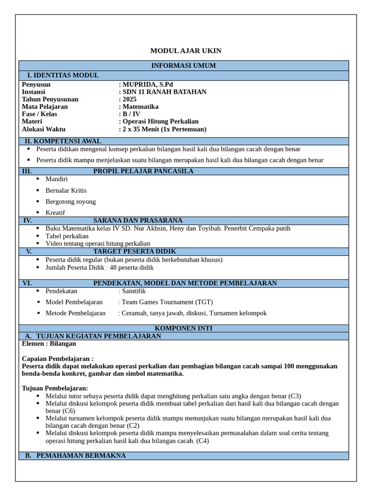 Modul Ajar Perkalian Kelas 4 PPG 2025 | PDF