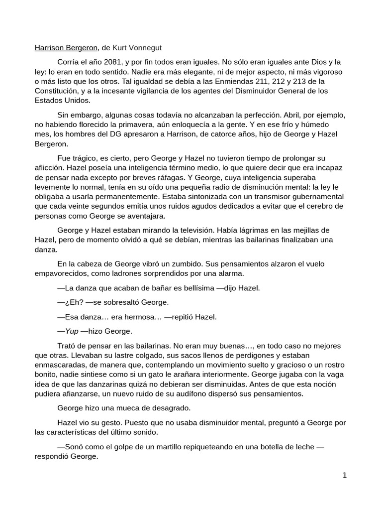 Cuento "Harrison Bergeron" de Kurt Vonnegut | PDF