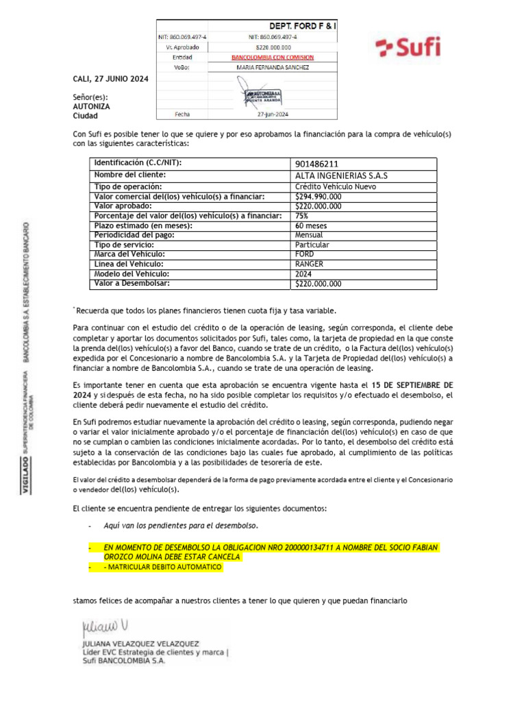 Carta Aprobacion Sufi Alta Ingenieria Sas Firmada | PDF | Crédito ...