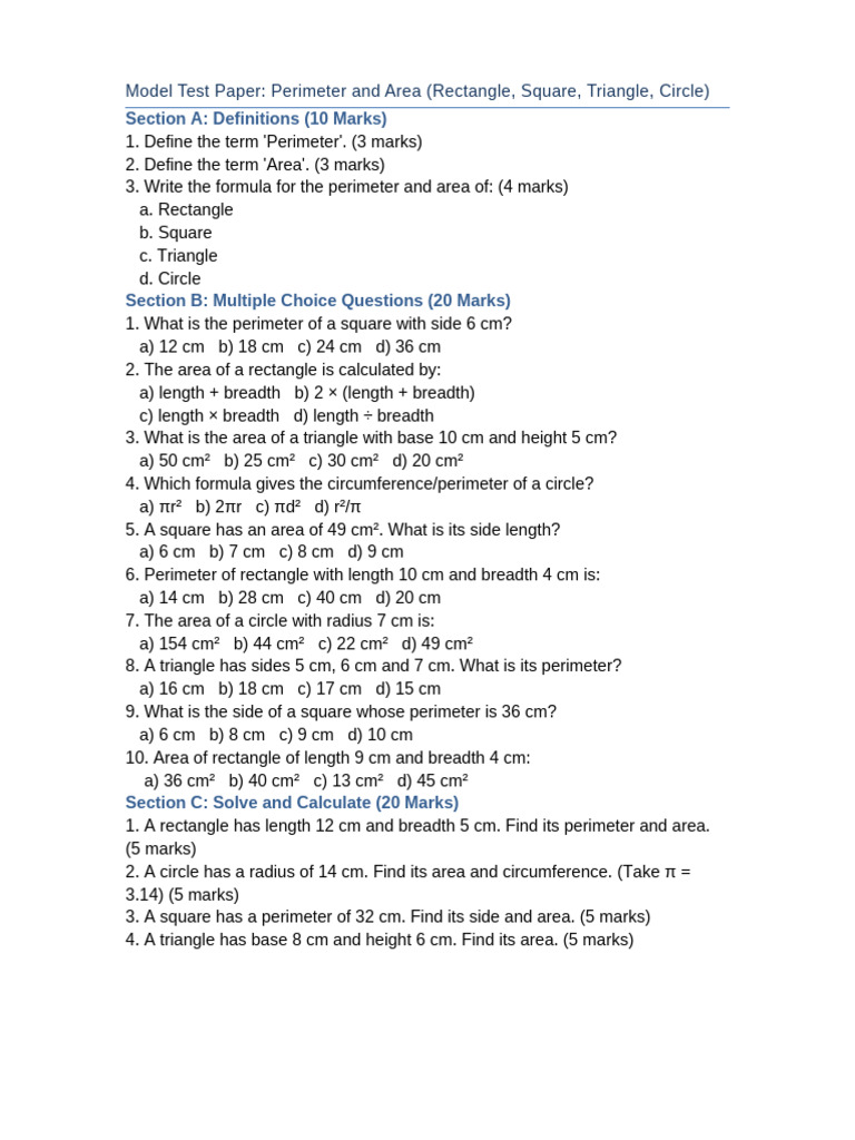 Model Test Paper Perimeter Area 1 | PDF