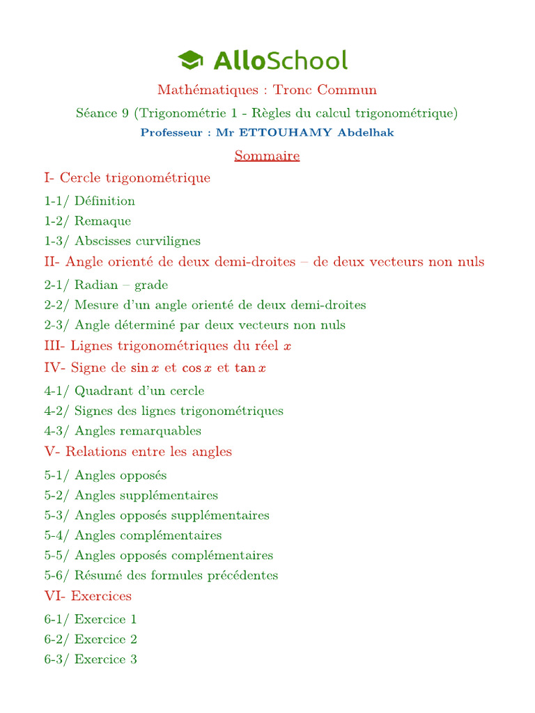 Seance 9 Trigonometrie 1 Regles Du Calcul Trigonometrique 2 | PDF