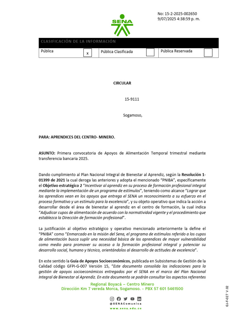 CIRCULAR CONVOCATORIA I ALIMENTACION Senaa | PDF