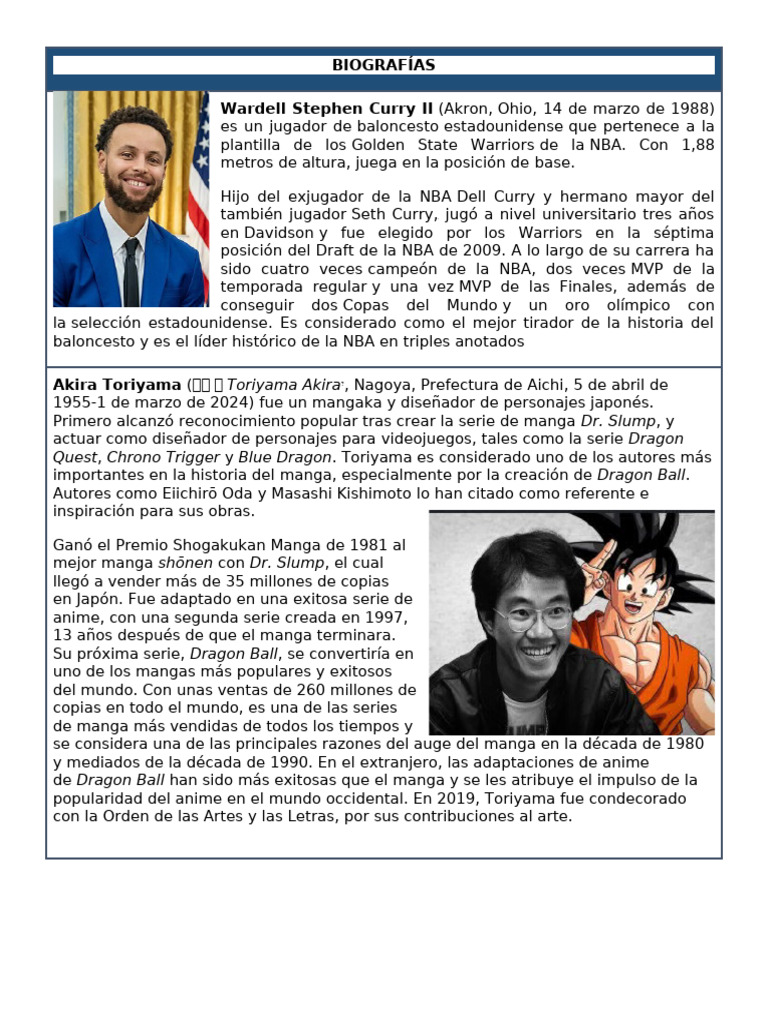 Biografías de Stephen Curry y Akira Toriyama | PDF | Manga | Anime y manga