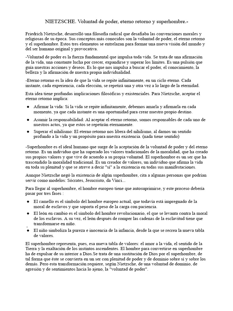 Nietzsche - Voluntad de Poder, Eterno Retorno y Superhombre | PDF ...