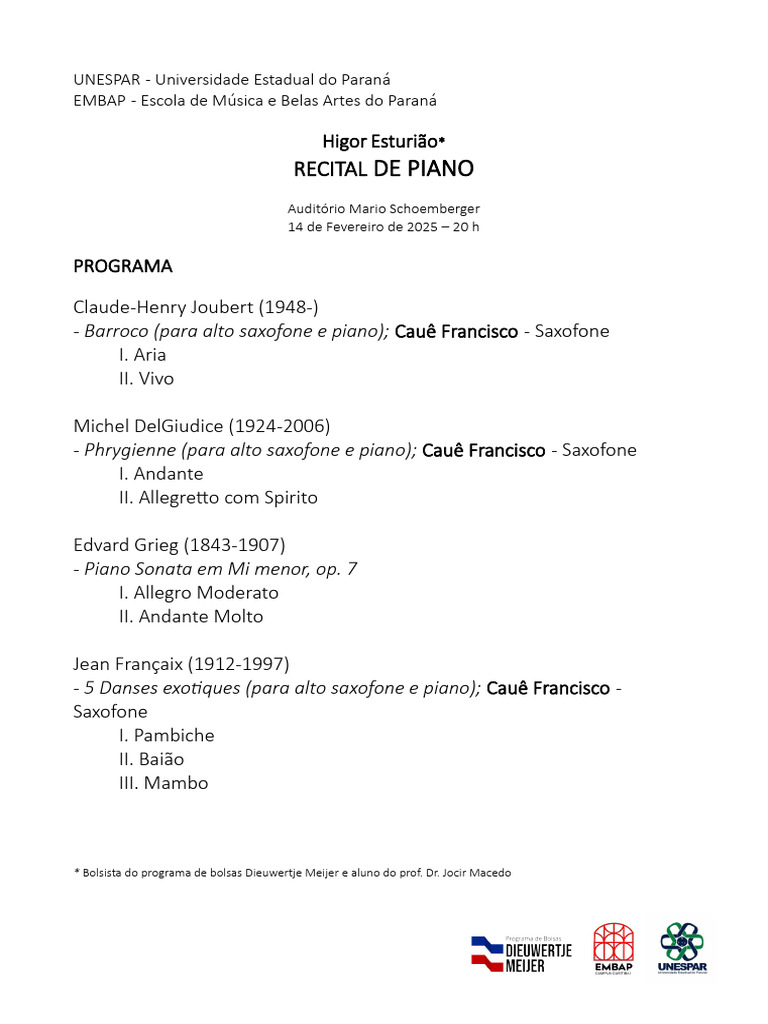 Programa de Recital, Fevereiro de 2025 | PDF