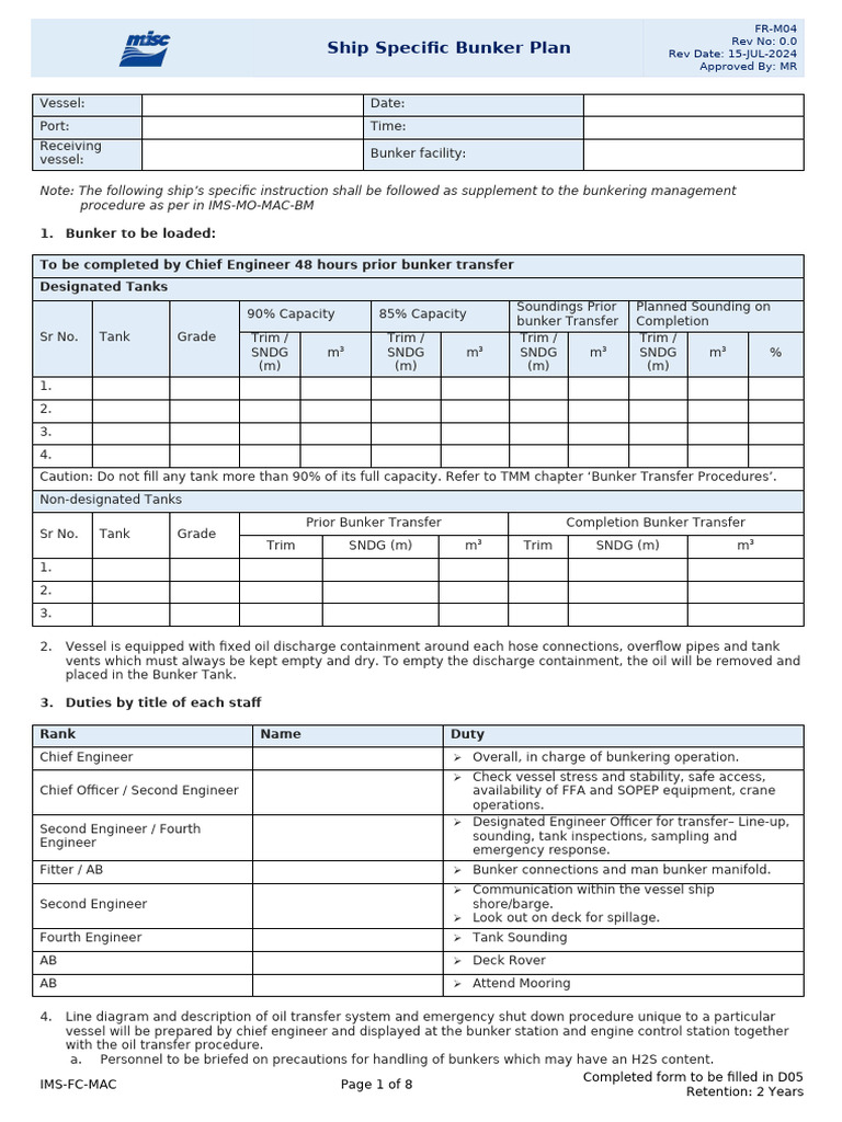 FR-M04 Ship Specific Bunker Plan | PDF | Fuel Oil | Oil Tanker