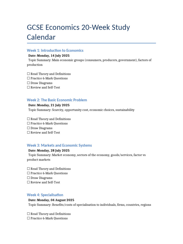 GCSE Economics Study Calendar | PDF | Supply (Economics) | Price ...