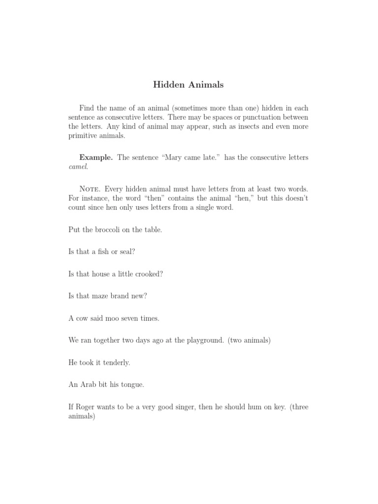 Hidden Animals in Sentences Worksheet | PDF