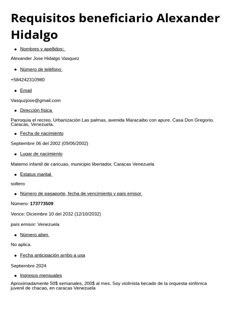 Requisitos del Beneficiario: Alexander Hidalgo | PDF