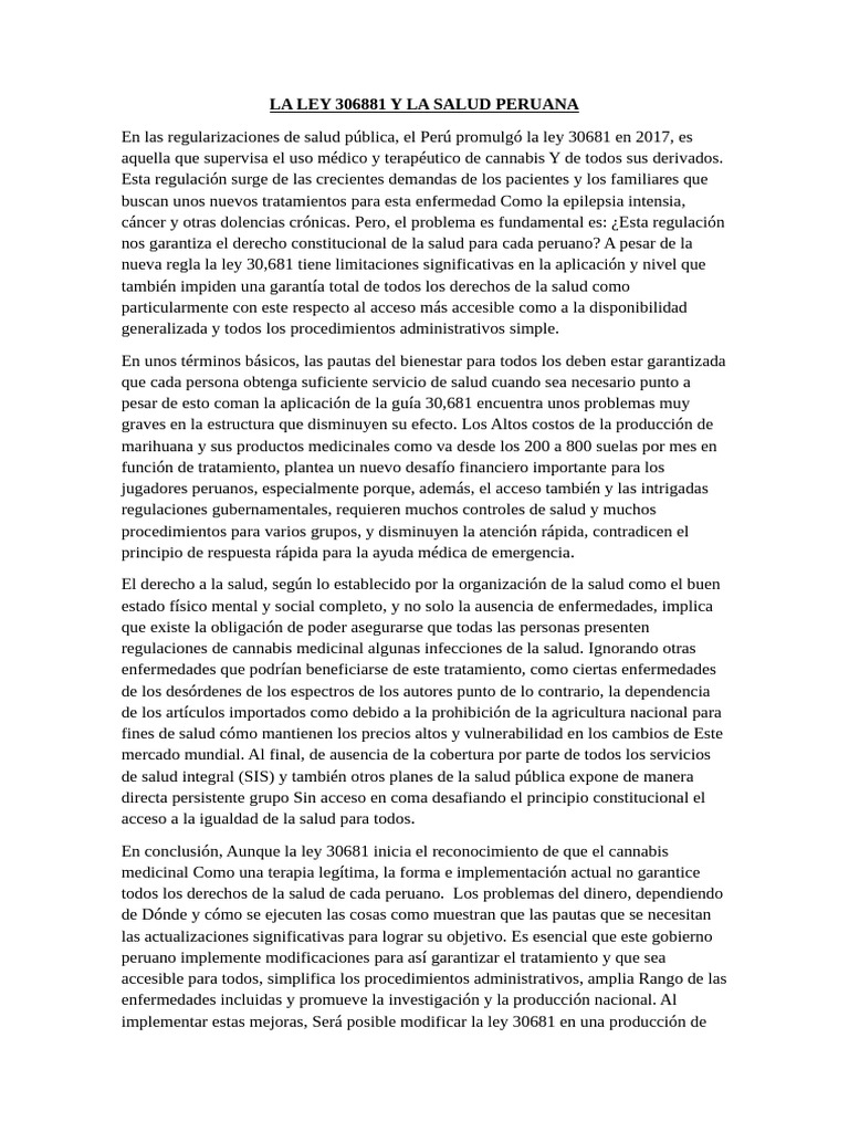 La Ley 306881 y La Salud Peruana (Ta2) | PDF | Cannabis (Droga) | Terapia