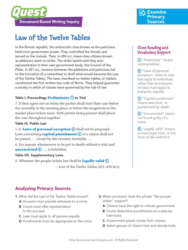 Quest Source 2 - Law of The Twelve Tables | PDF | Roman Republic ...