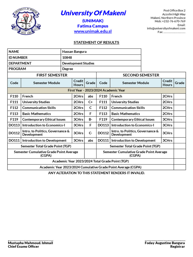 ReportCard - Class-B.A Development Studies Year 1 Sem 2 - Hassan ...