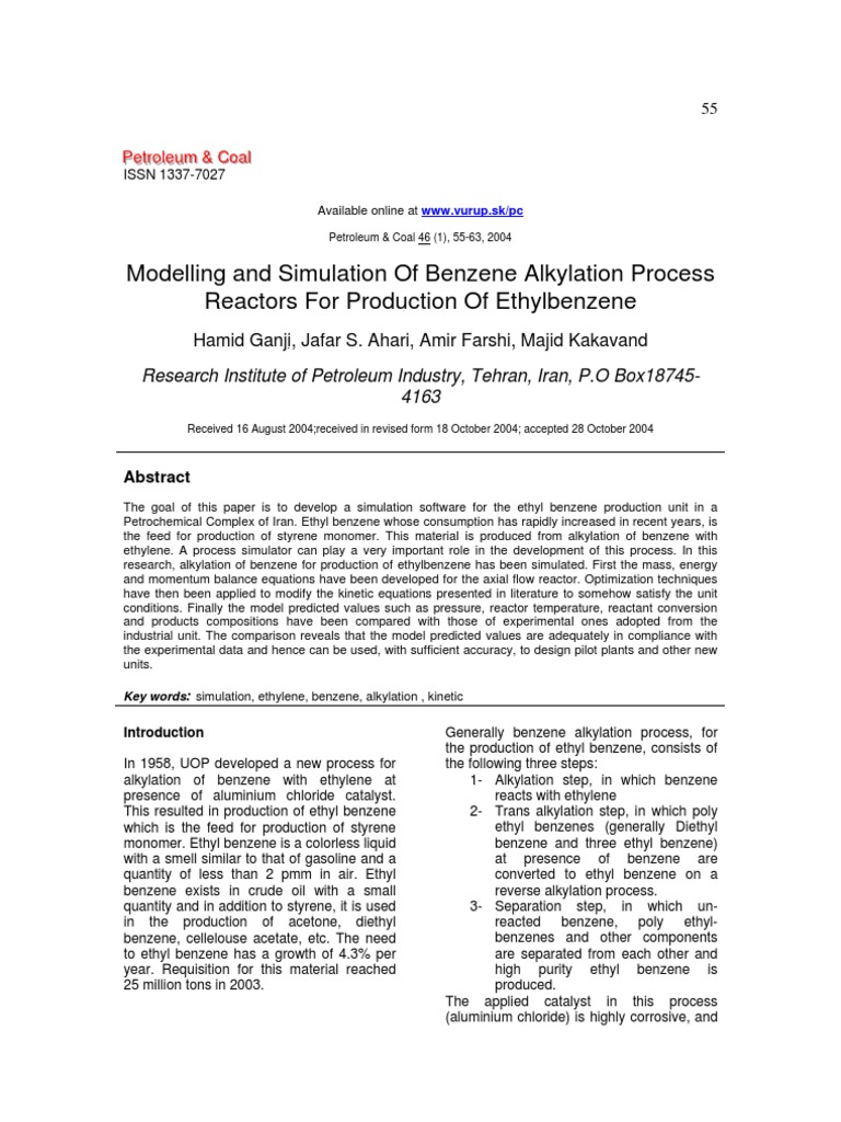 Modeling and Simulation of Benzene Alkylation Process Reactors For ...