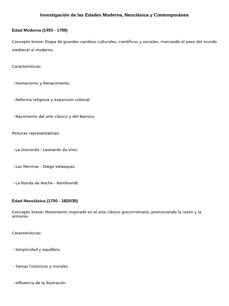 Edades Moderna Neoclasica Contemporanea | PDF